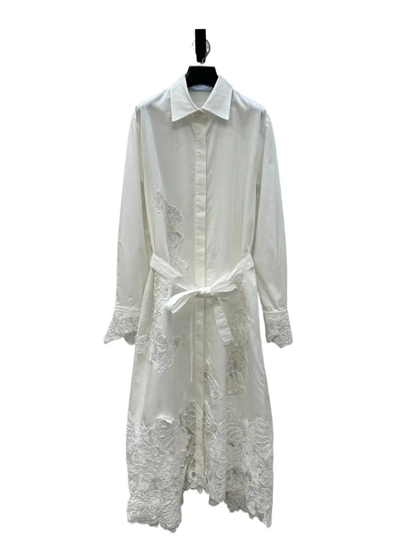 2026 Spring White Lace Embroidery Cotton Midi Dress Long Sleeve Lapel ...