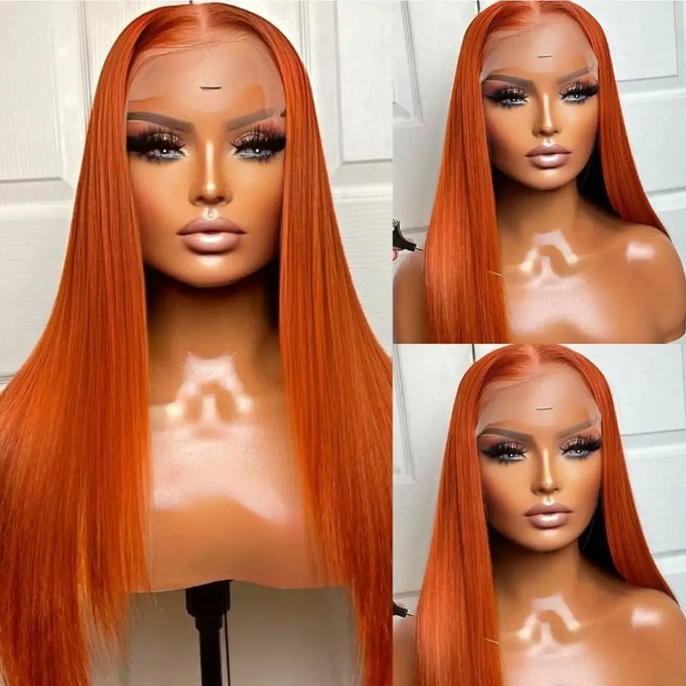 34-40 Inch Orange Ginger Straight HD Transparent Lace Frontal Human ...