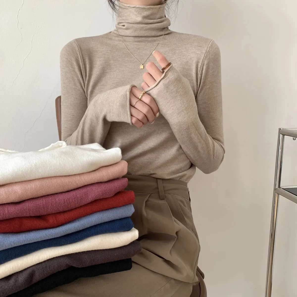 2025 Autumn Winter Acetate Korean Style Loose Fit Turtleneck Sweater with Batwing Sleeves from ...