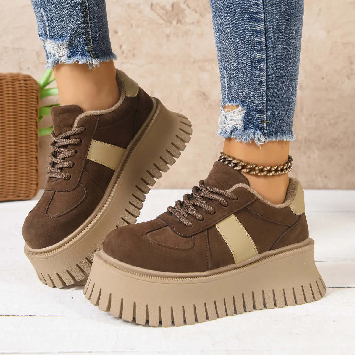 Brown Genuine Leather Platform Casual Shoes with Buckle Strap Closure ...