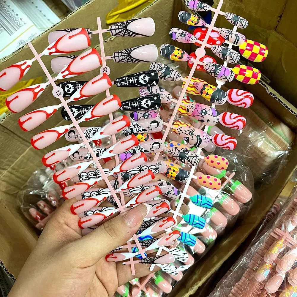 Halloween Press on Nails Almond Coffin Blood Red Skeleton Fake Nails ...