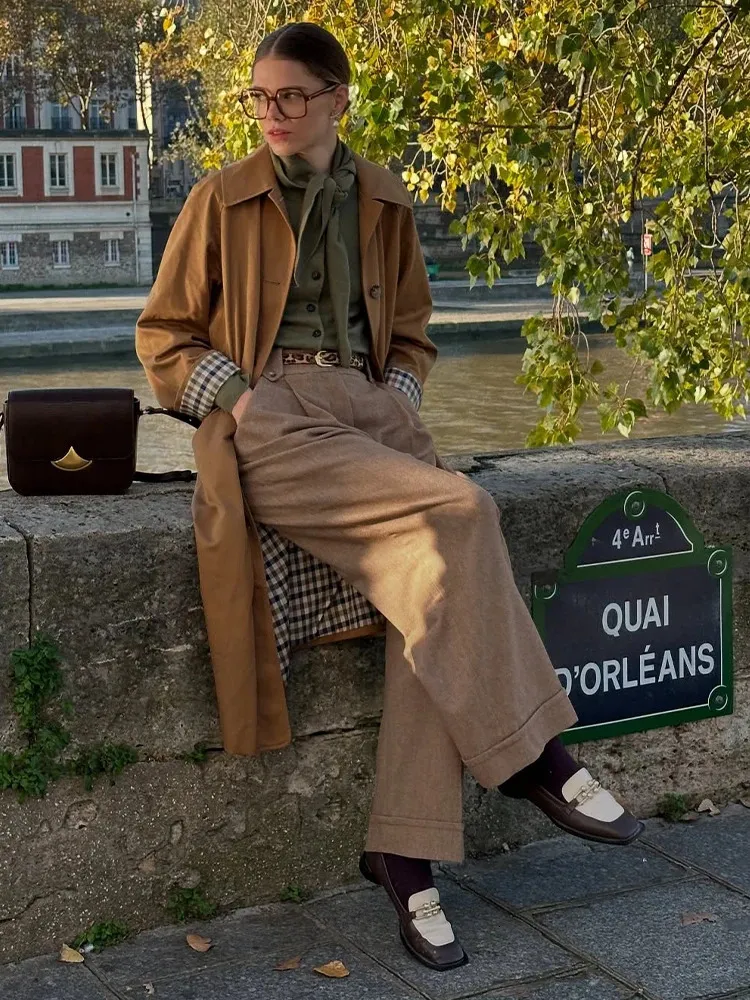 Brown Plaid Hooded Slim Acetate Trench Coat for Women with Fleece ...