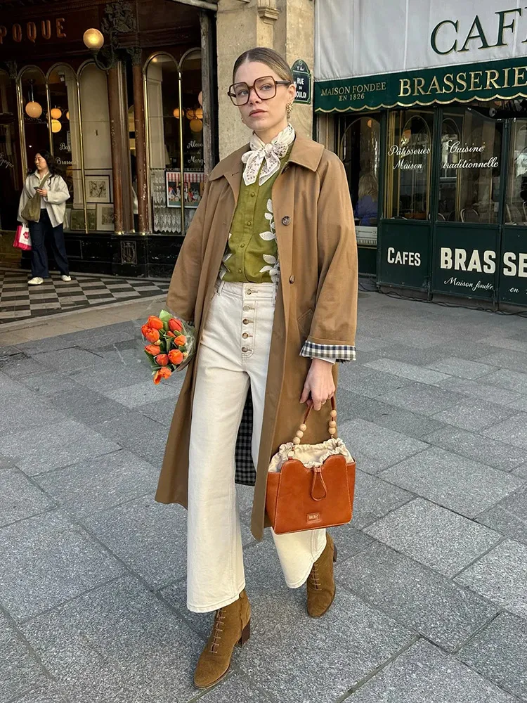 Brown Plaid Hooded Slim Acetate Trench Coat for Women with Fleece ...