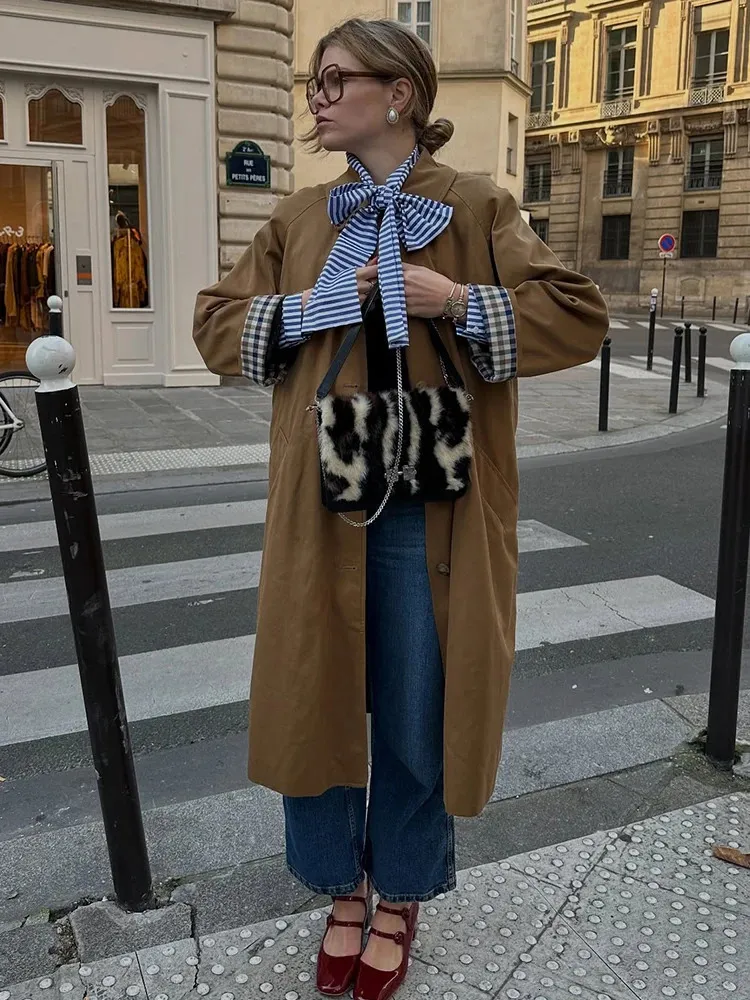 Brown Plaid Hooded Slim Acetate Trench Coat for Women with Fleece ...