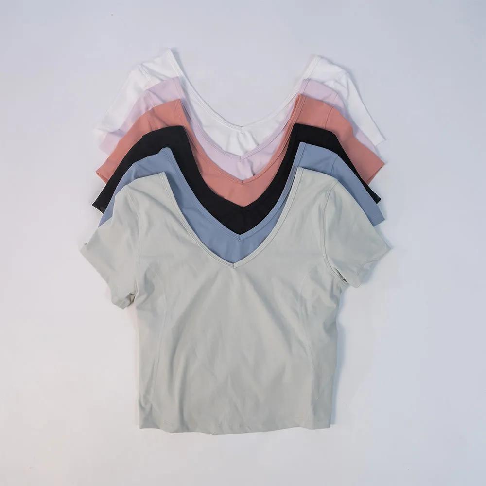 V-Neck Yoga T-Shirt for Women Quick Dry Polyester Sports Top with Full ...