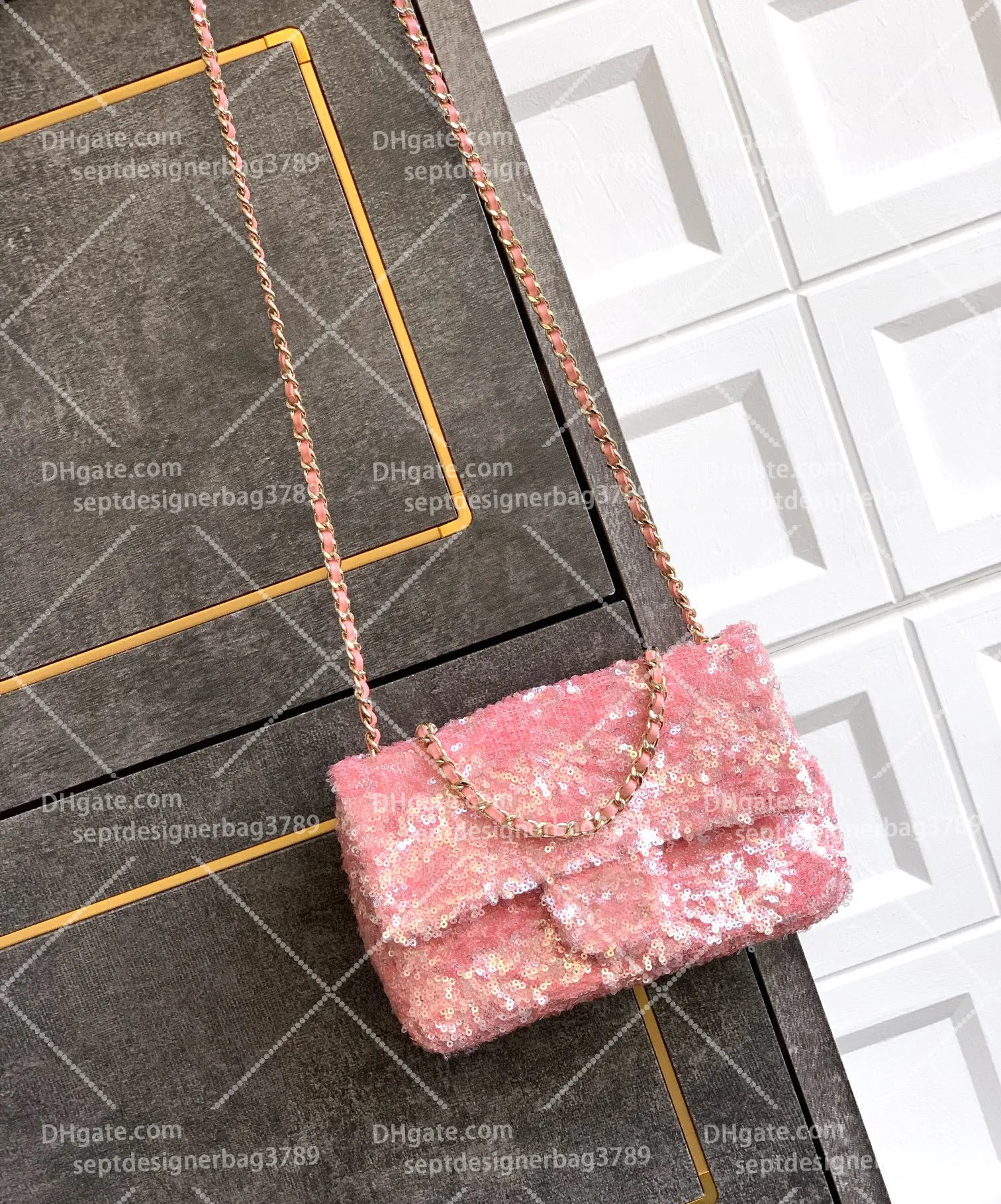 Pink Sequin Flap Bag 7.9 in Mini Leather Beaded Crossbody Purse for ...