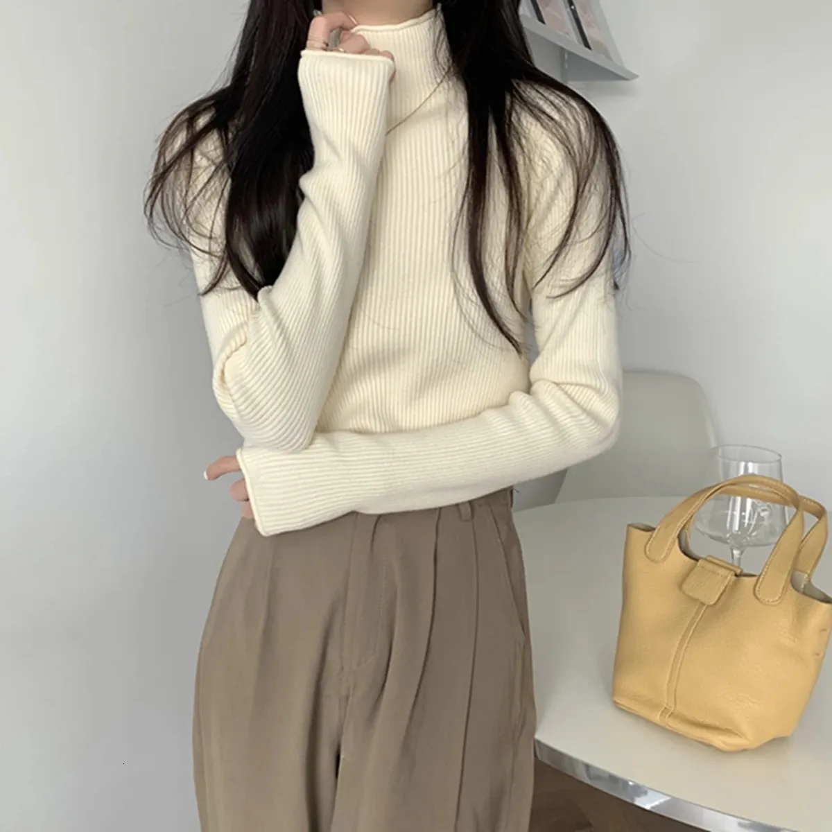 Womens Turtleneck Sweater Hand-Knitted Acetate Batwing Sleeve Loose Fit ...