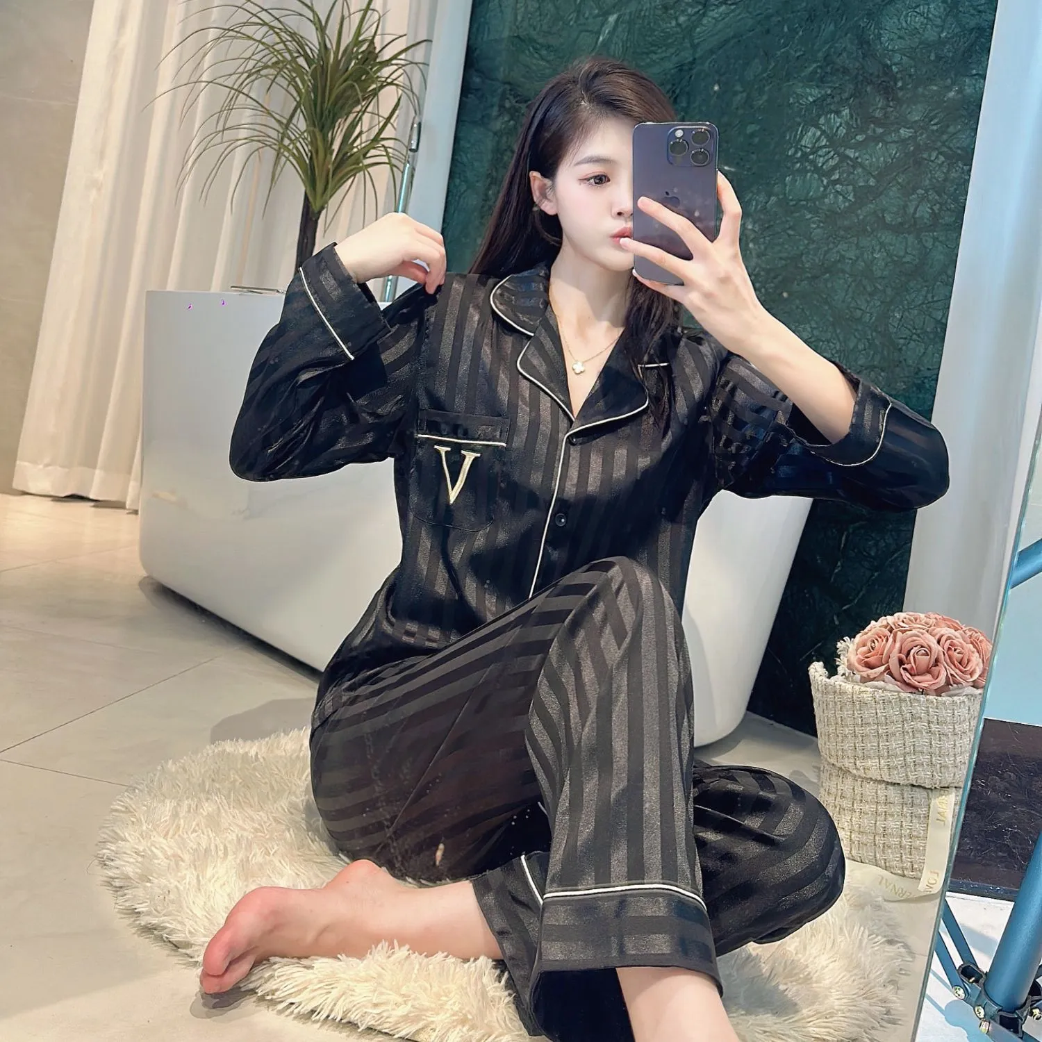 Pajama Set with Animal Print Corduroy Fabric, Ankle-Length, Round Neck ...