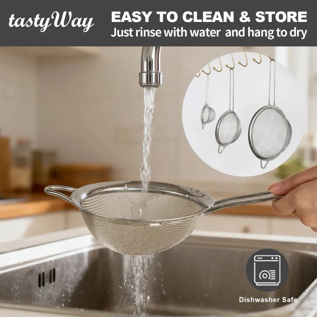 3-piece stainless steel fine mesh strainer set with handle including ...