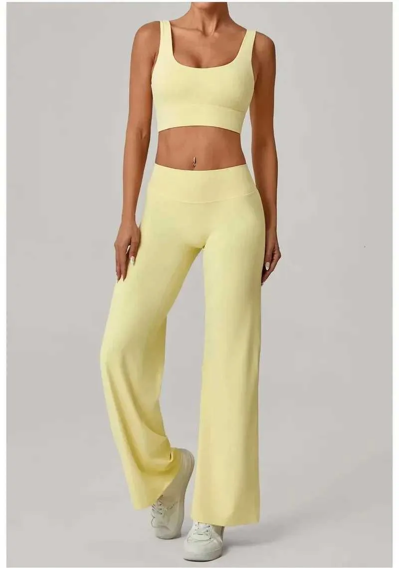 Women Yoga Set Double Strap Comfort Bra Straight Leg Pants Quick Dry ...
