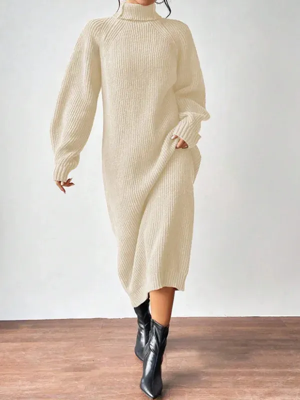 Long dress with sweater knit polyester floor-length high collar short ...