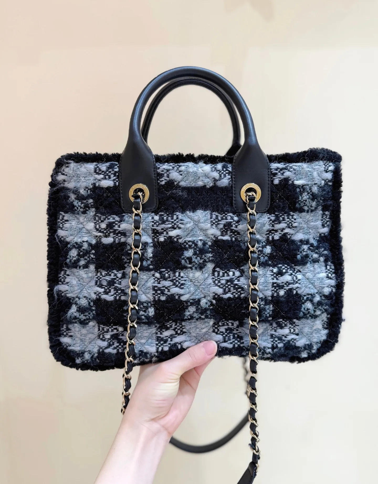 Medium Genuine Leather Two-Tone Thousand Bird Grid Wool Tote Bag with ...