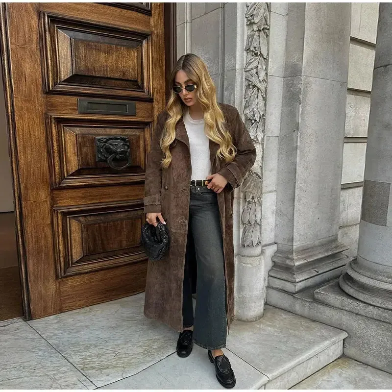 Mens long leather trench coat with hood acetate slim fit brown suede ...