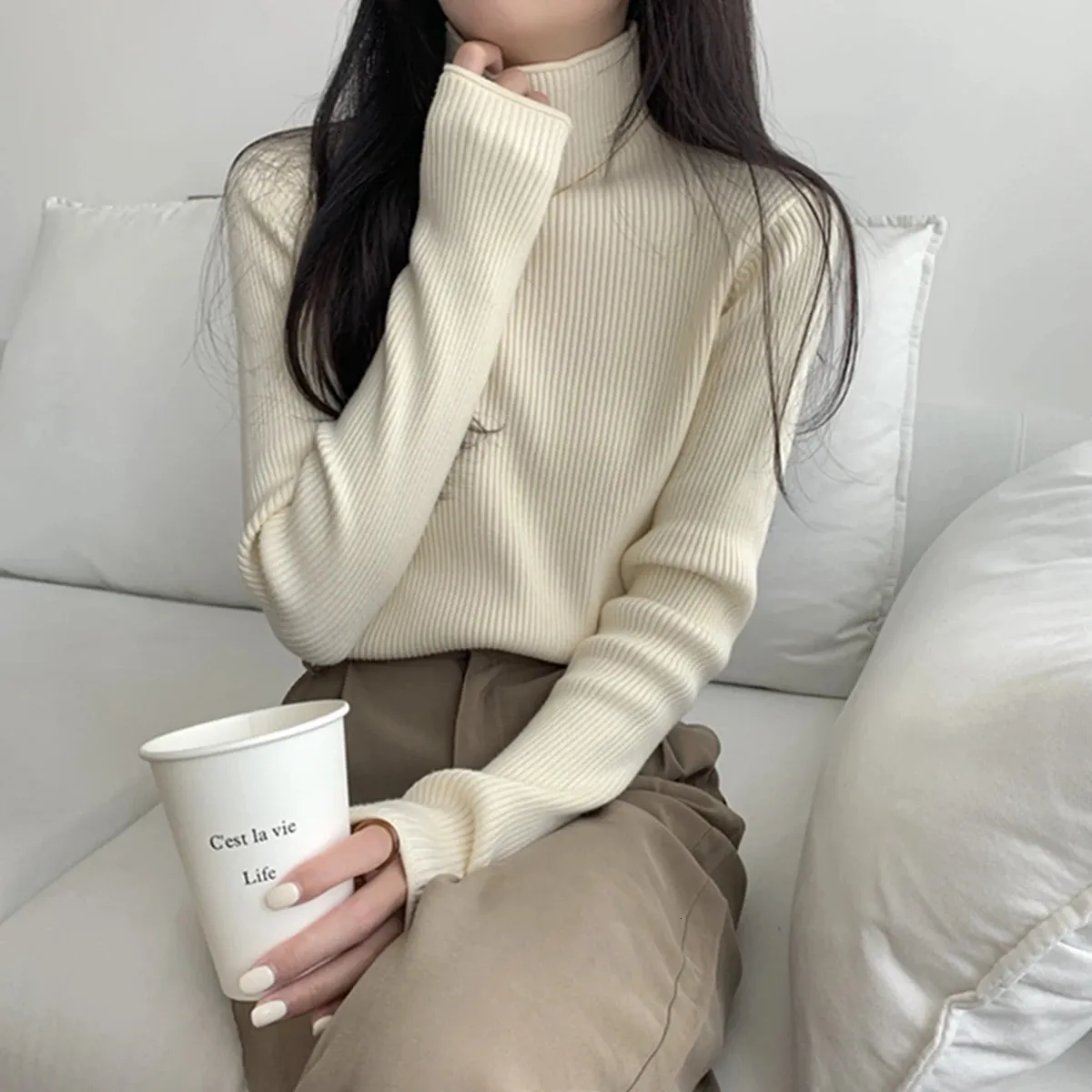 Womens Turtleneck Sweater Hand-Knitted Acetate Batwing Sleeve Loose Fit ...