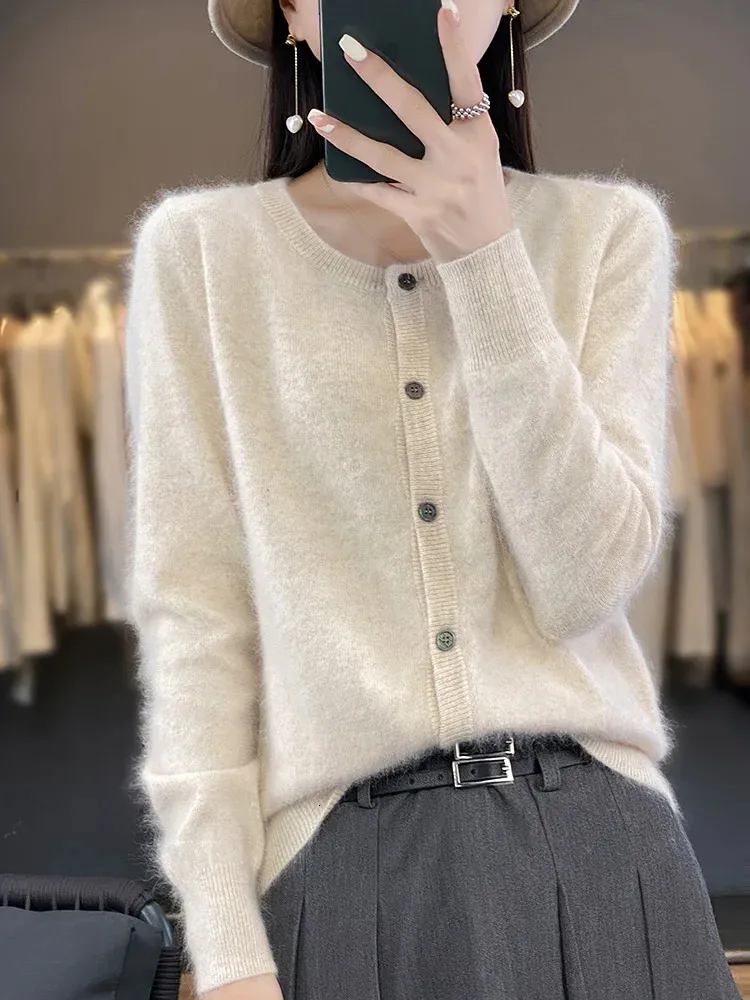 Aliselect Women Cardigan Knit Acetate Sweater O-neck Full Opening Loose Fit Solid Color from ...