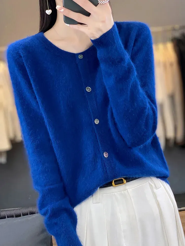 Aliselect Women Cardigan Knit Acetate Sweater O-neck Full Opening Loose Fit Solid Color from ...