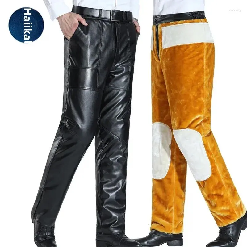 Men's PU Leather Motorcycle Pants with Thickened Double-Layer Fleece ...