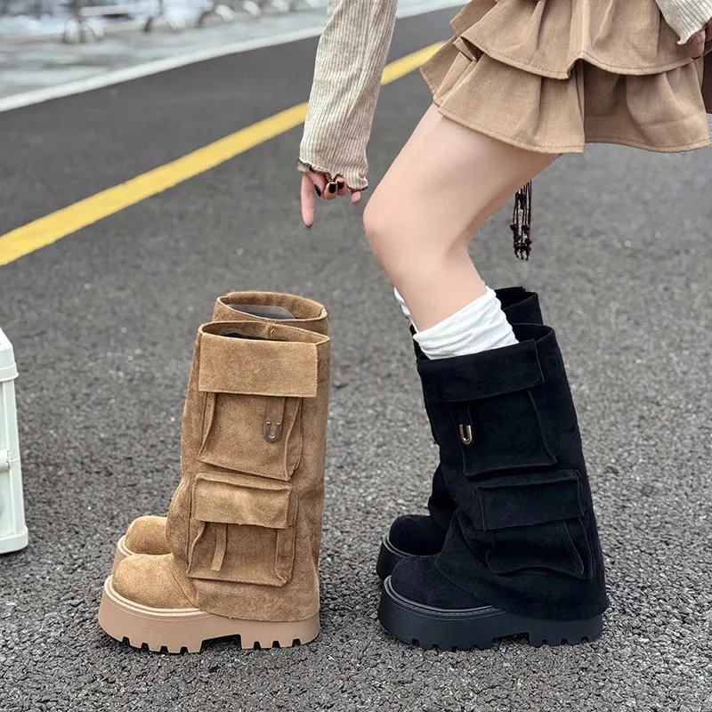 Platform Pocket Cargo Pants Tube Half Boots Women Fall Travel Wedge ...