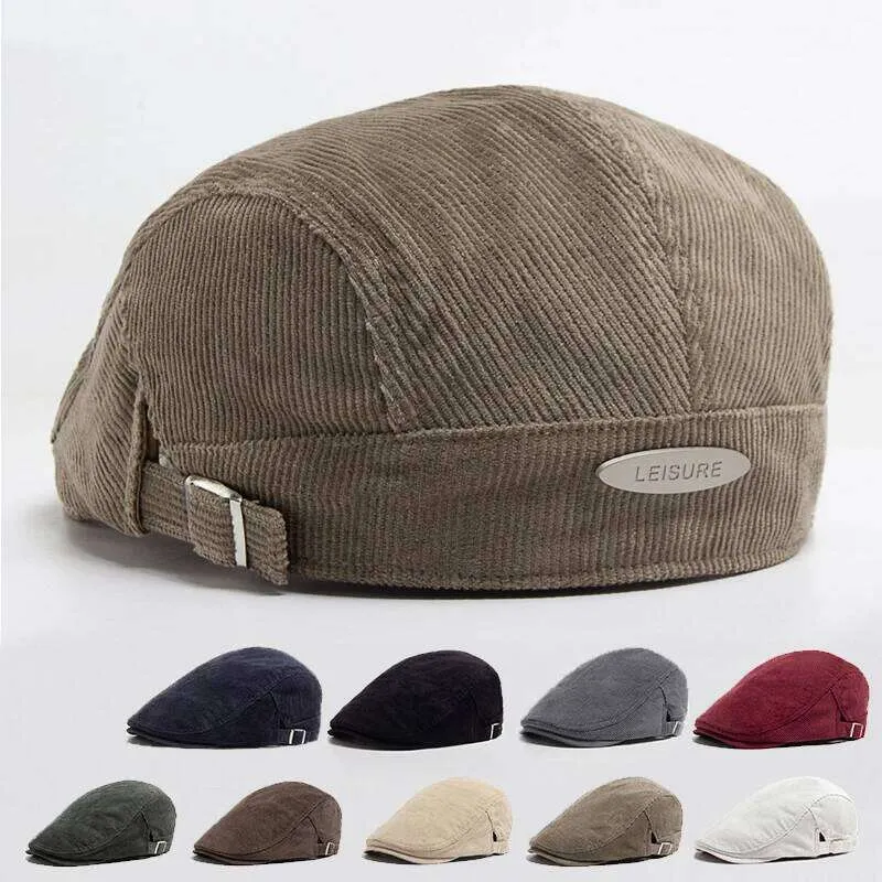 Unisex Corduroy Beret Hat Cotton Flat Cap with Hook & Loop Strap for ...
