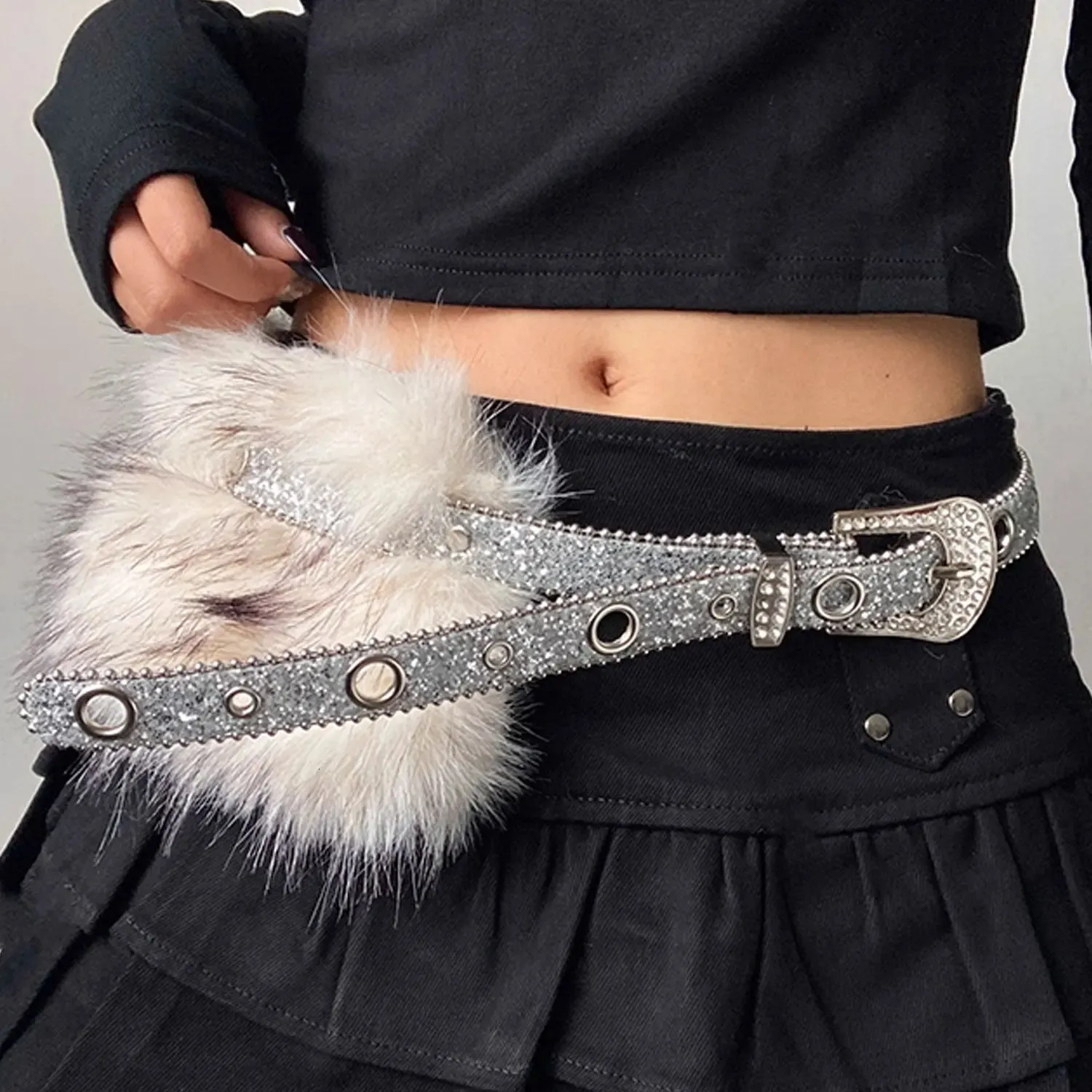 Punk Genuine Leather Narrow Fur Belt with Golden Buckle for Men ...