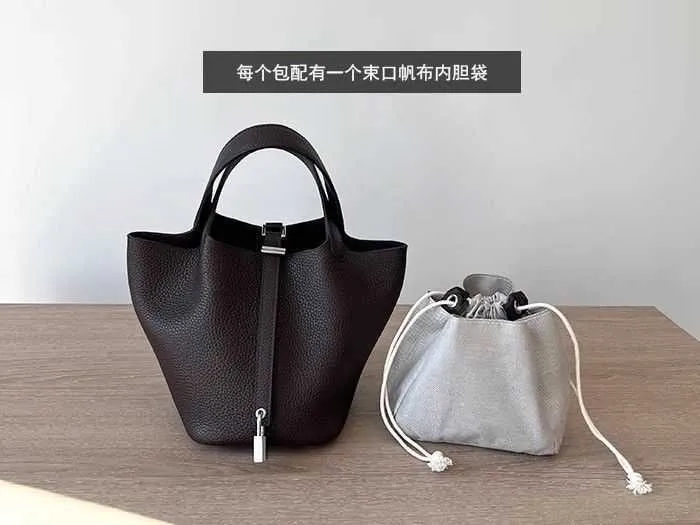Bucket Handbag Genuine Cowhide Leather Clemence Texture Drawstring Lock ...