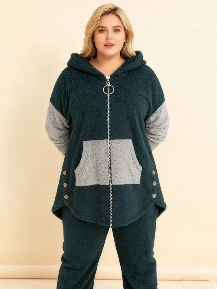 Plus Size Thick Acetate Hooded Zip-Up Cardigan Sweater Set with ...