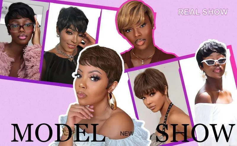 ShowRealHair 036 Human Hair Short Pixie Cut Layered Glueless Wig for ...