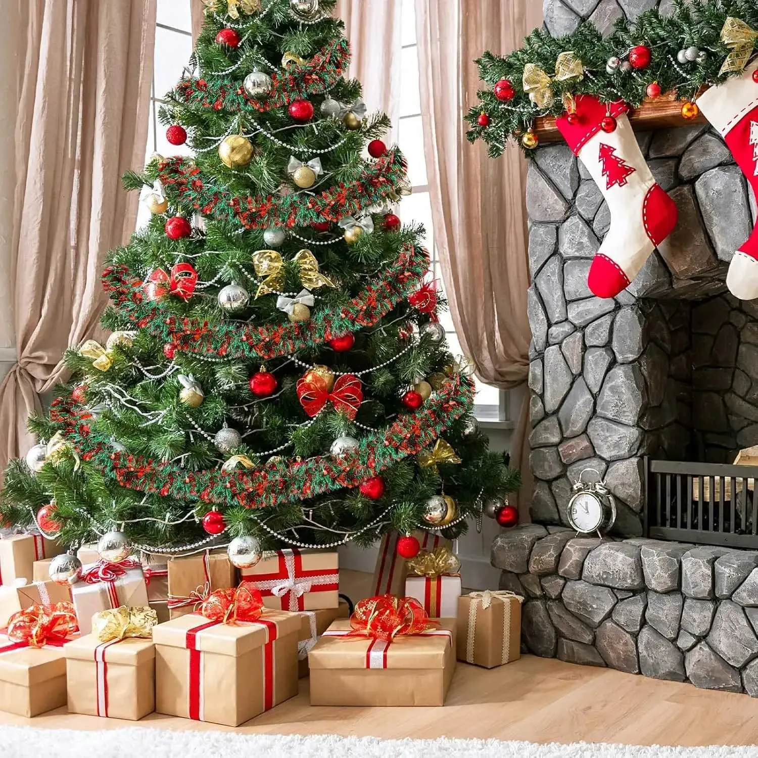 50ft Red and Green Christmas Tinsel Garland Decoration for Home Party ...