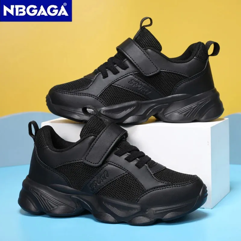 Childrens Breathable Sports Shoes Hook & Loop Closure Black School ...