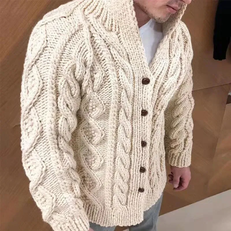 Mens Cable Knit Sweater Loose Fit Acrylic Hand-Knitted Full Opening ...