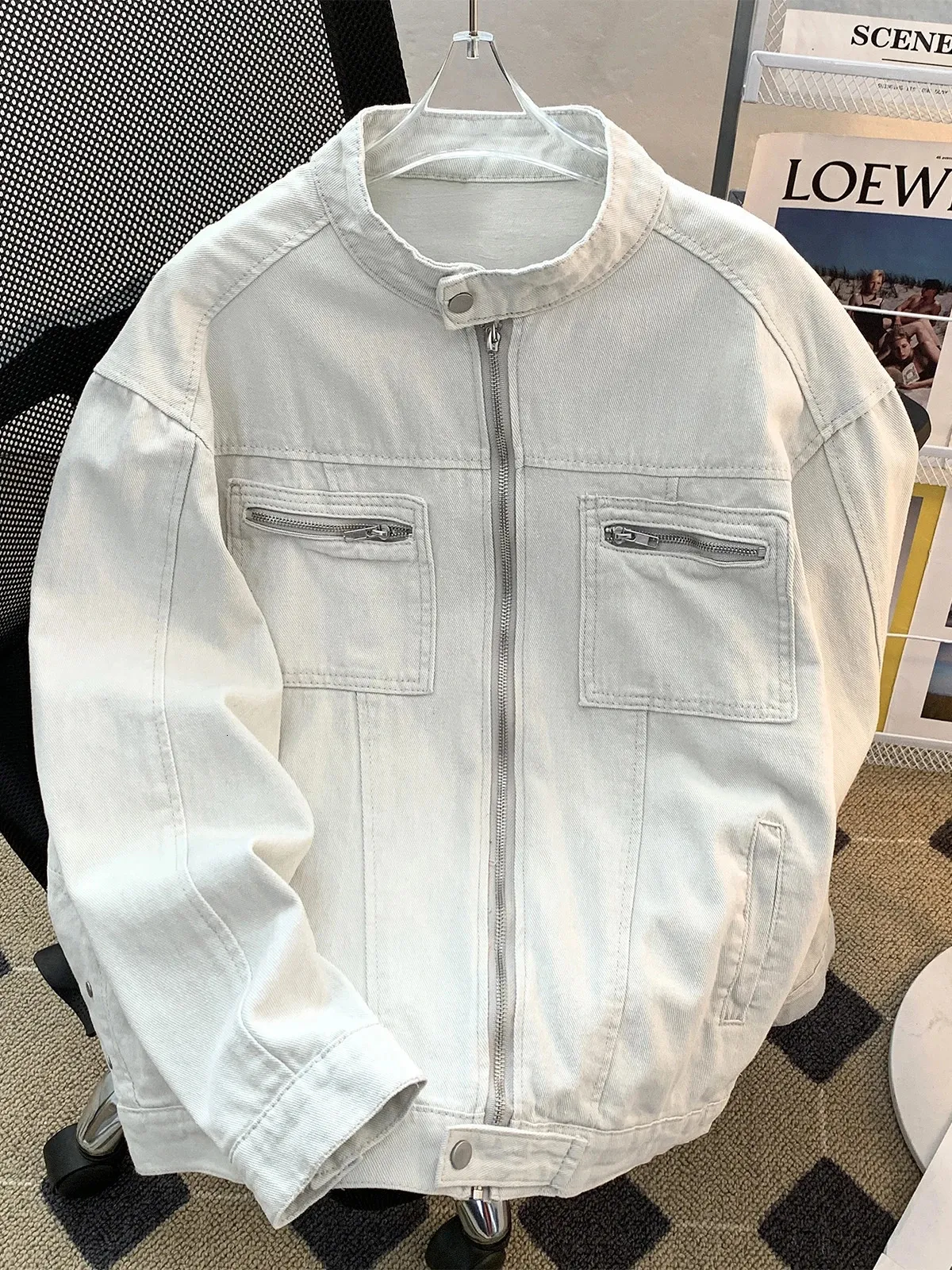 Men's Hooded Denim Jacket White Cowboy Coat Full Zipper Outdoor Casual ...