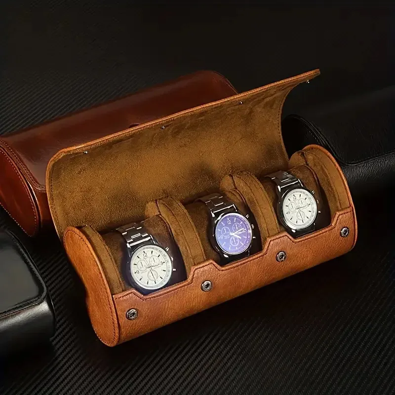 3 Slots Round Travel Case Vintage PU Leather Watch Organizer Display ...