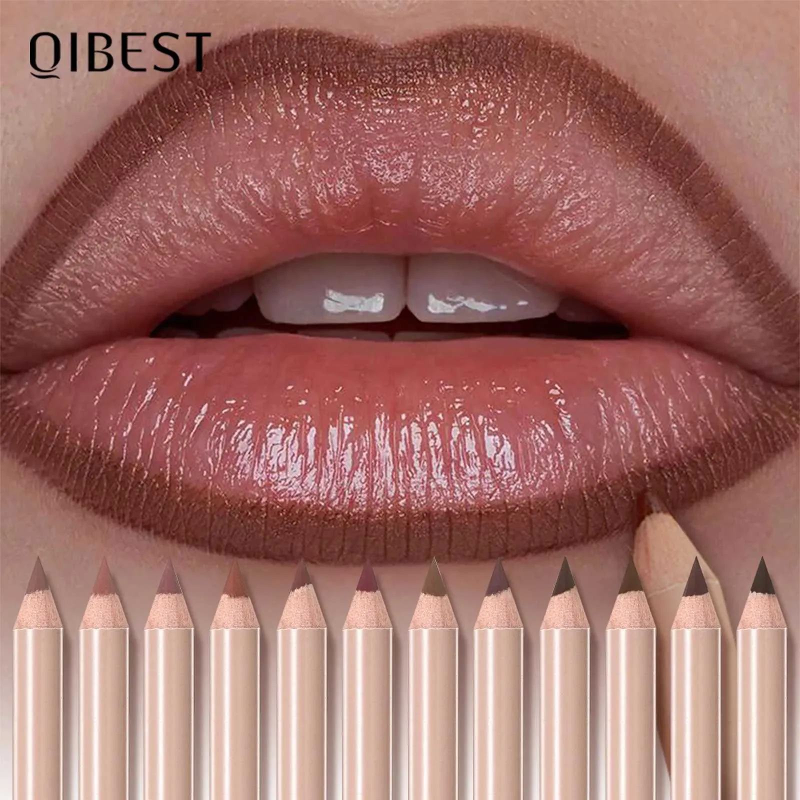 QIBEST 12-Color Natural Wood Matte Nude Lipstick and Lip Liner Set Long ...
