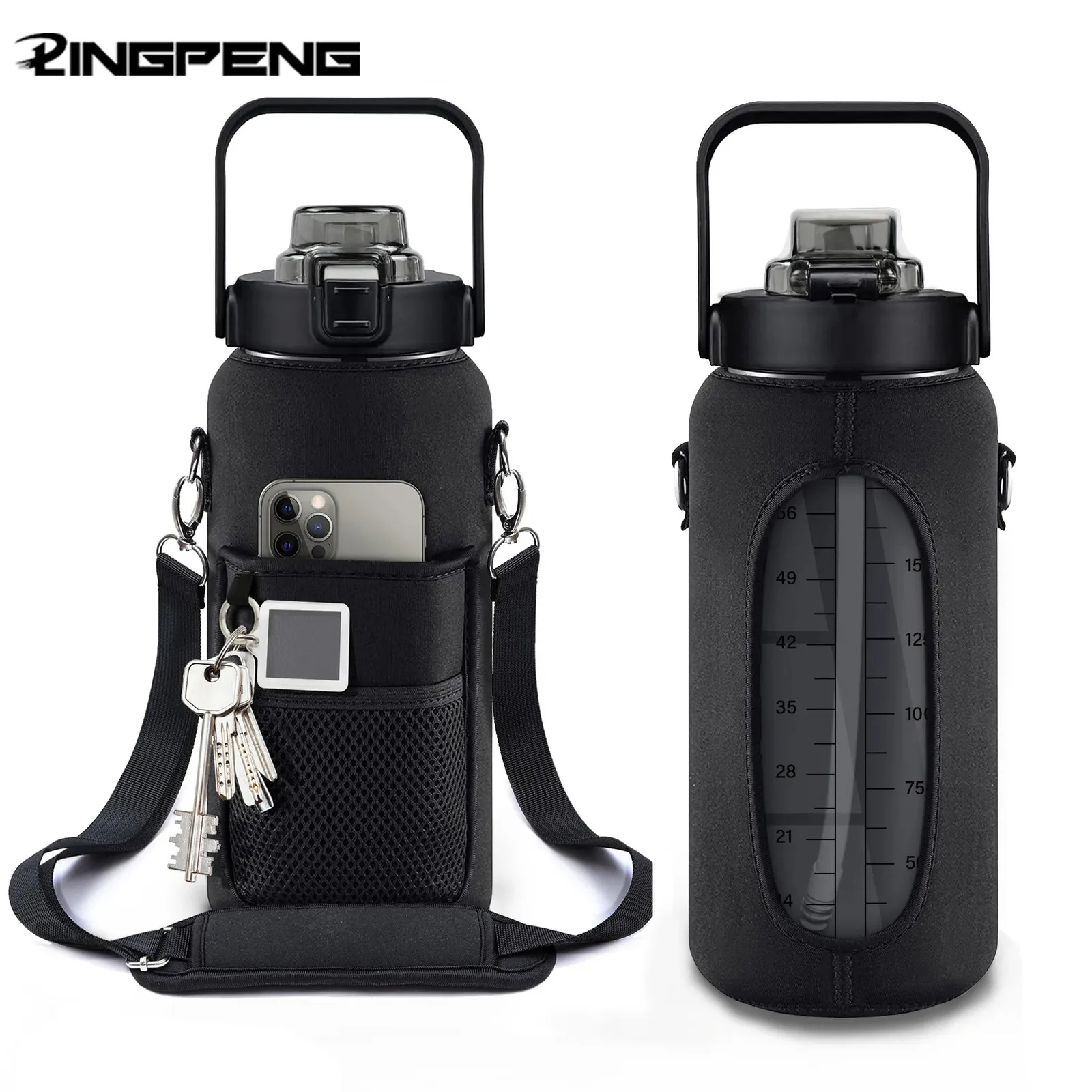 64 oz Water Bottle with Carbon Fiber Sleeve, Leakproof Sport Jug with ...
