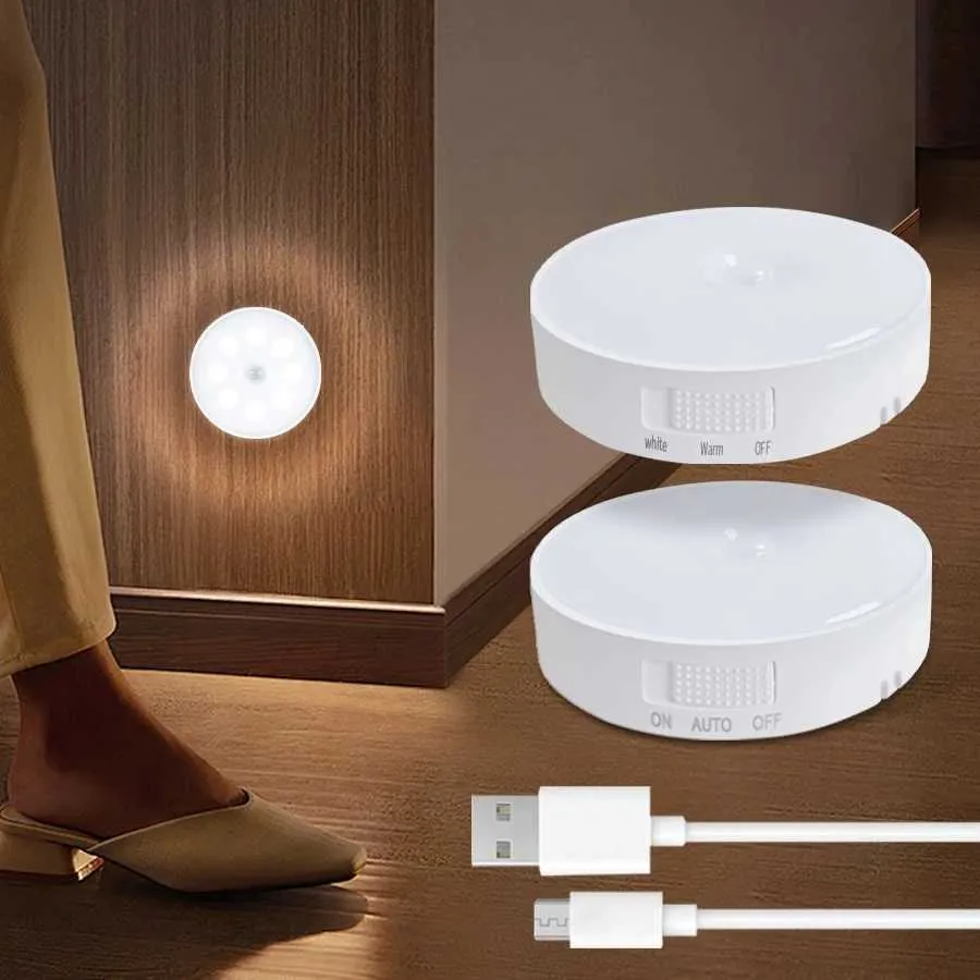 PIR Motion Sensor LED Night Light USB Rechargeable 5V DC 10-LED Multi ...