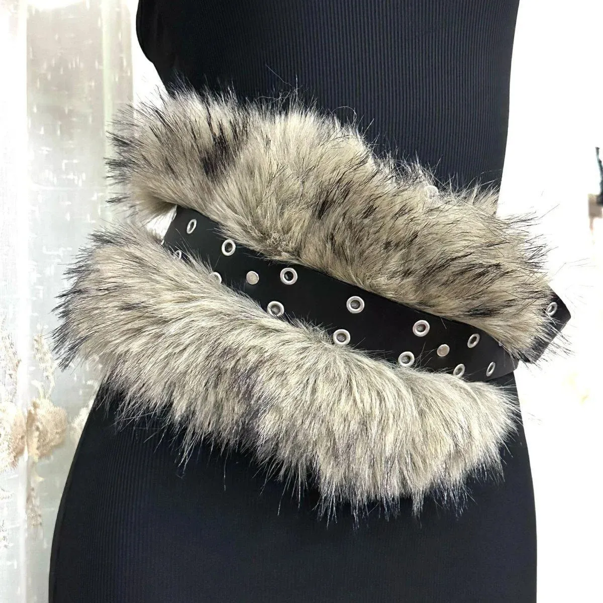 Furry Genuine Leather Belt with Plush Imitation Fur Waist Chain, 4.6 cm ...