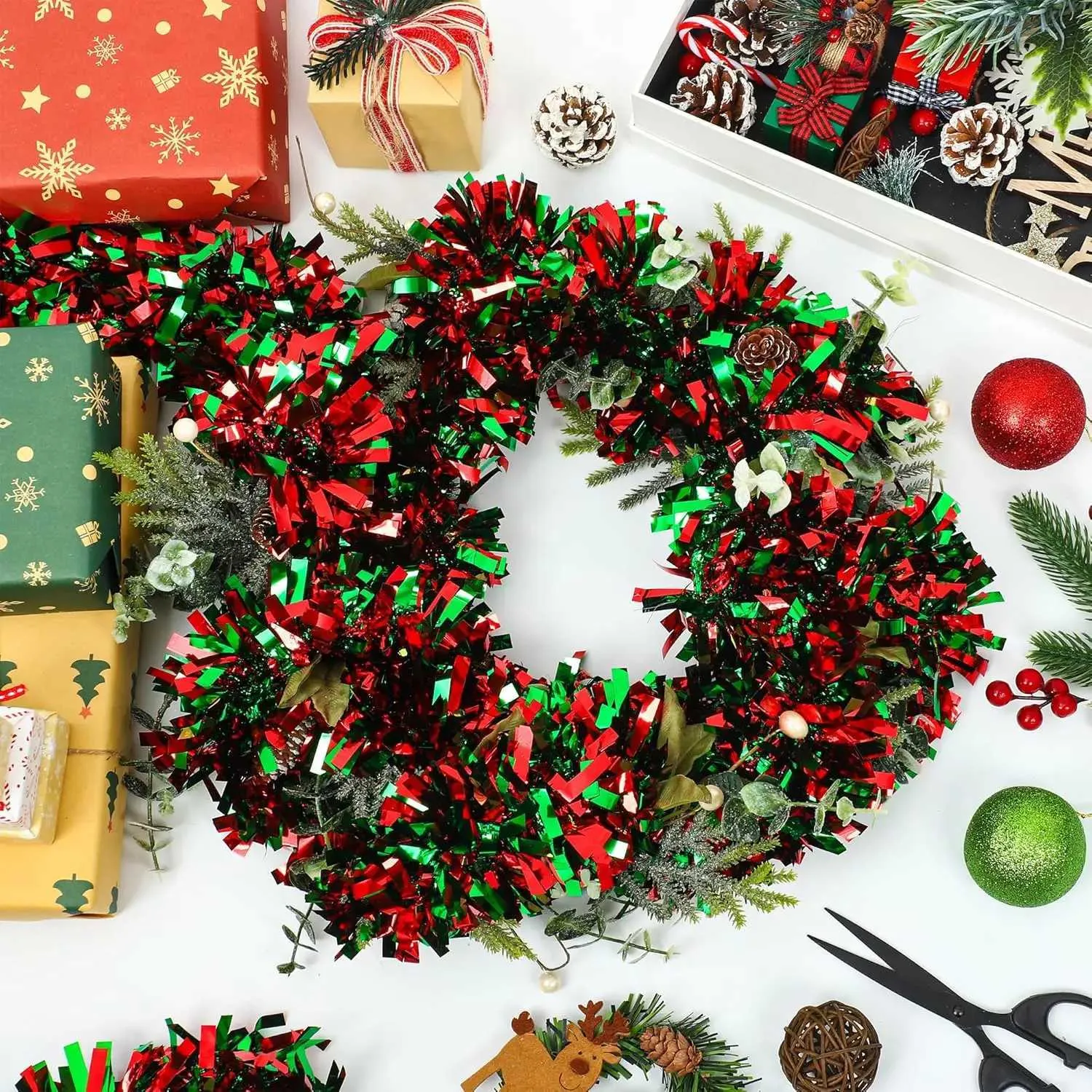 50ft Red and Green Christmas Tinsel Garland Decoration for Home Party ...