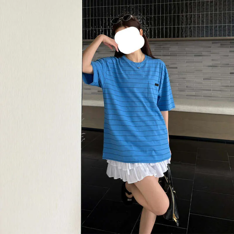 Jacquard Letter Blue Striped Unisex Shirt 100% Cotton Crew Neck Short ...