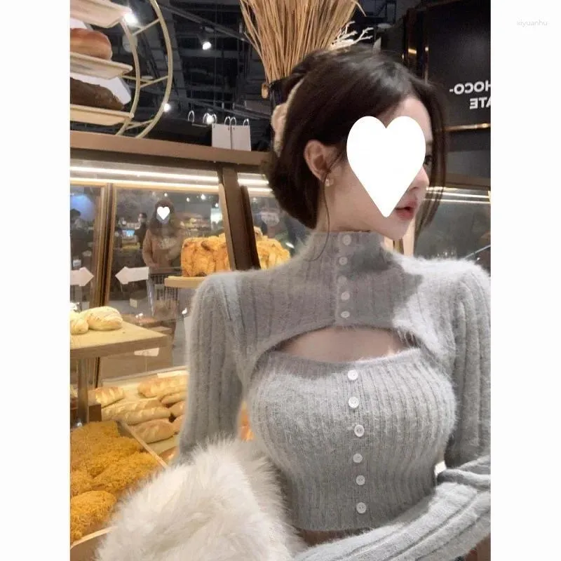 Women s Faux Fur Knit Sweater with Half High Collar and Button Closure ...