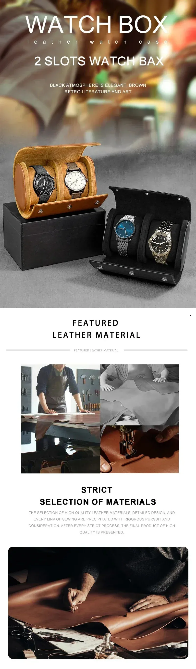 Leather Watch Roll Case 2 Slots Travel Storage Box 10 in Black Brown ...