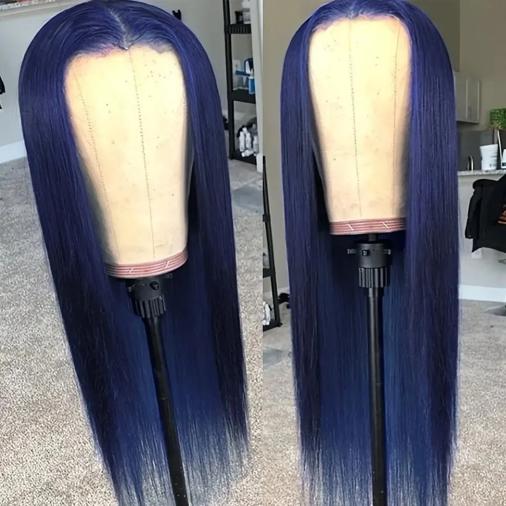 13x6 Lace Frontal Blue Wig Brazilian Bone Straight Synthetic Hair Wig ...