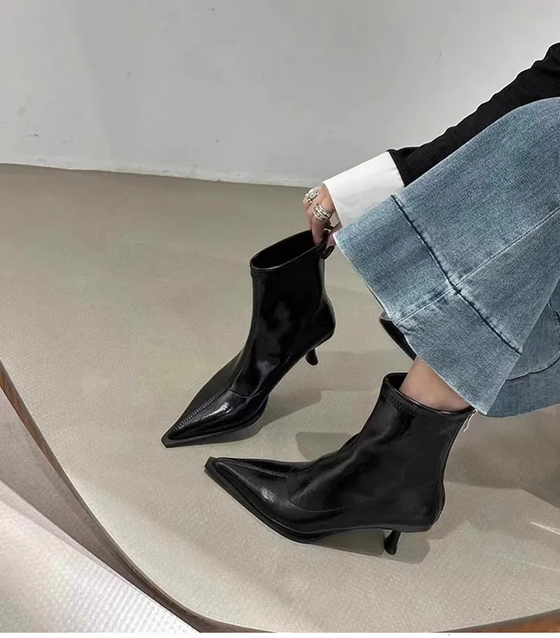 Pointed Toe Ankle Boots Women Wedge Heel PU Half Short Booties for ...