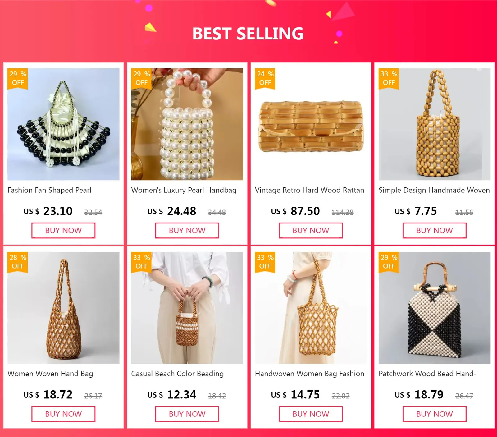 Women Woven Hand Bag Summer Hollow-out Wooden Bead Bucket Shoulder Bag ...