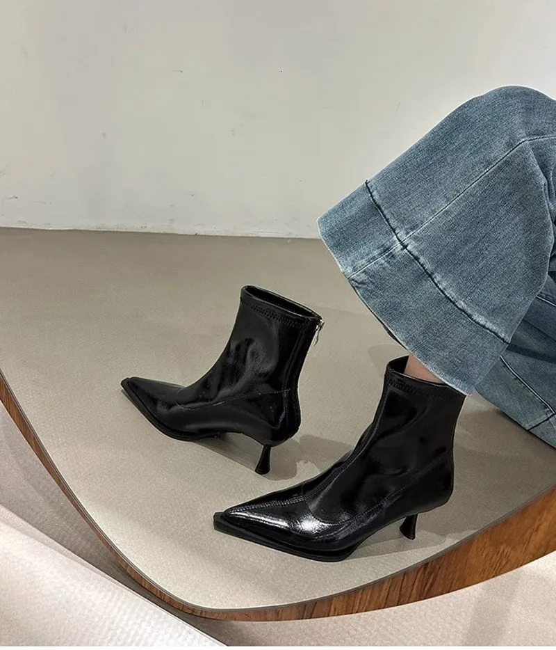 Pointed Toe Ankle Boots Women Wedge Heel PU Half Short Booties for ...