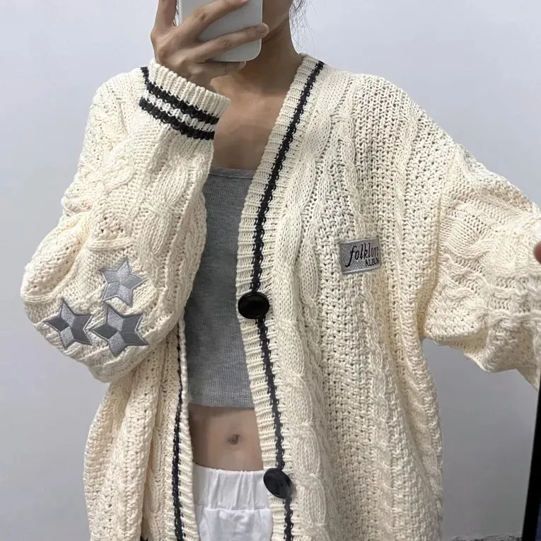 Folklore Cardigan Women Letter Patch Beige Knitted Cardigans with Star ...