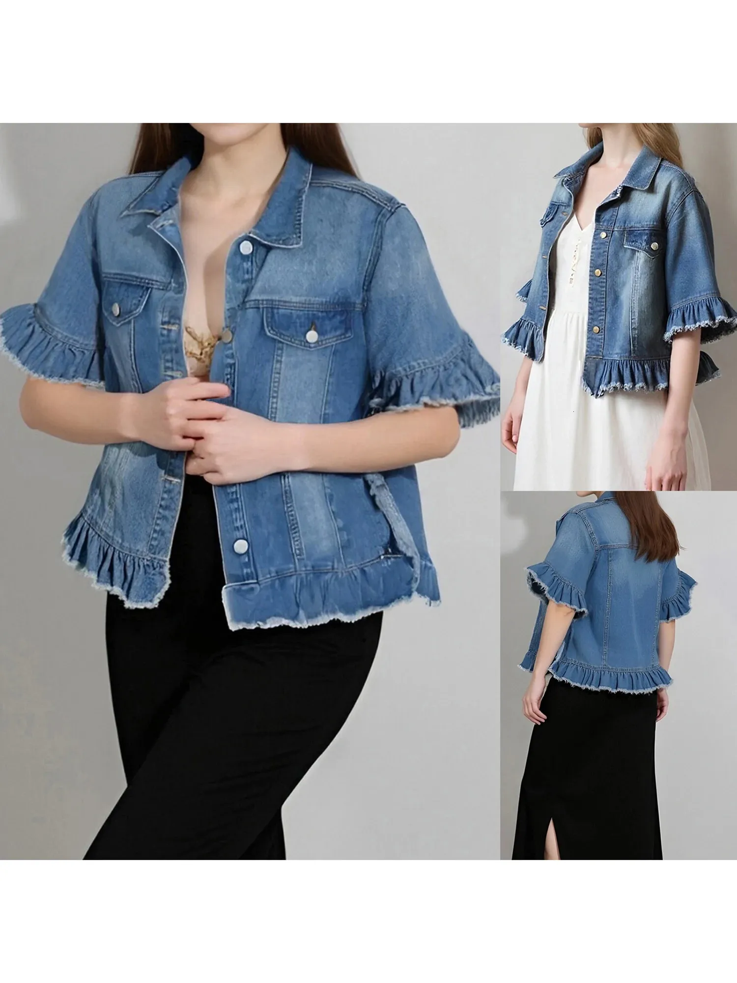 Lined Blue Denim Jacket for Women Long Sleeve Button-Up Casual Acetate ...