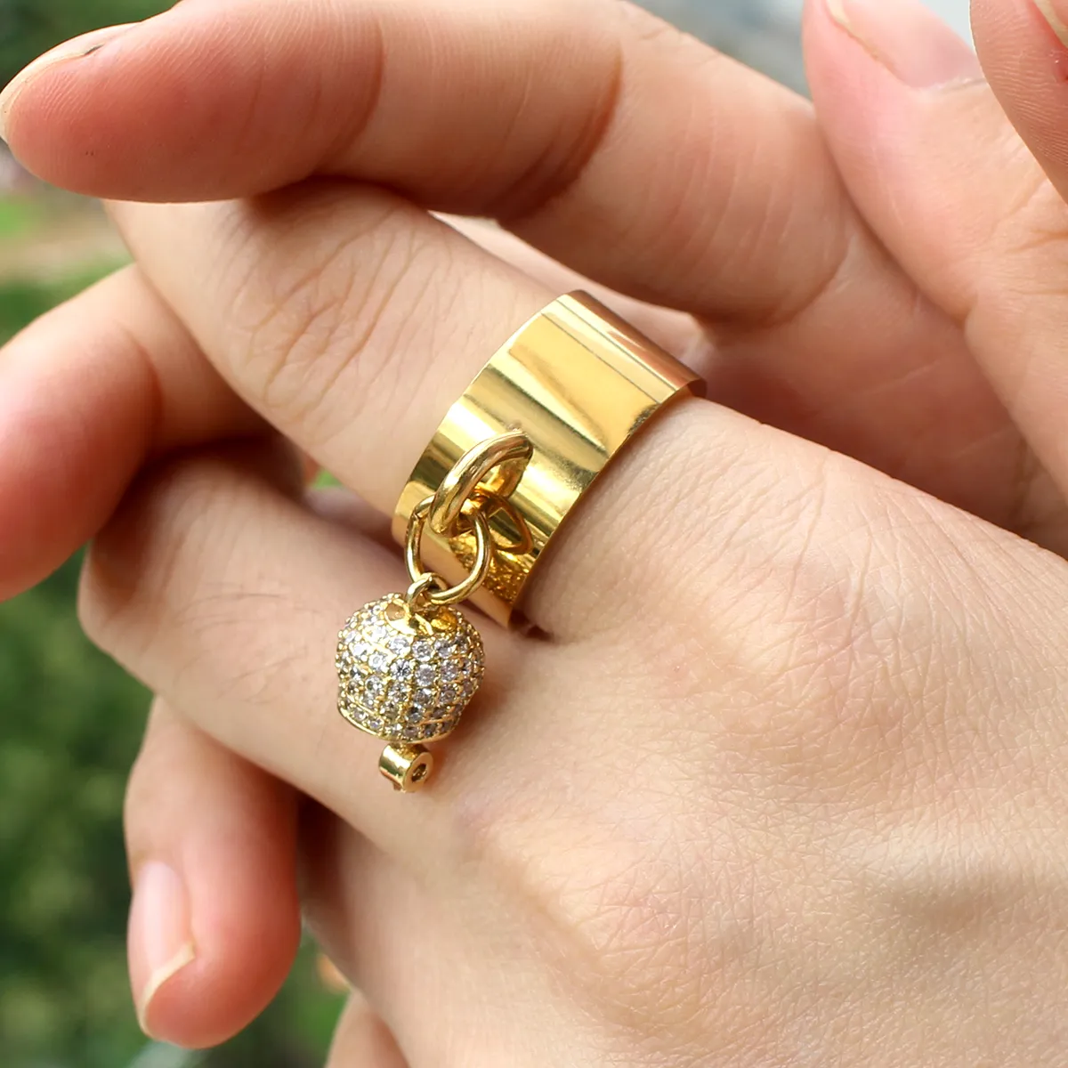 18K Gold Plated Stainless Steel Zircon Pendant Rings with White Stones ...