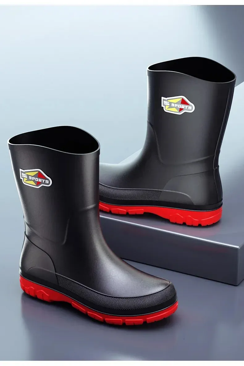 Mens Mid-Calf Waterproof Rubber Rain Boots Pure Black Fishing Overshoes ...