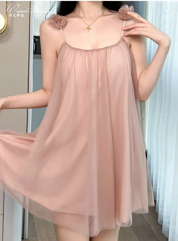 Elegant Gauze Mesh Floor-Length Camisole Nightdress for Women with ...