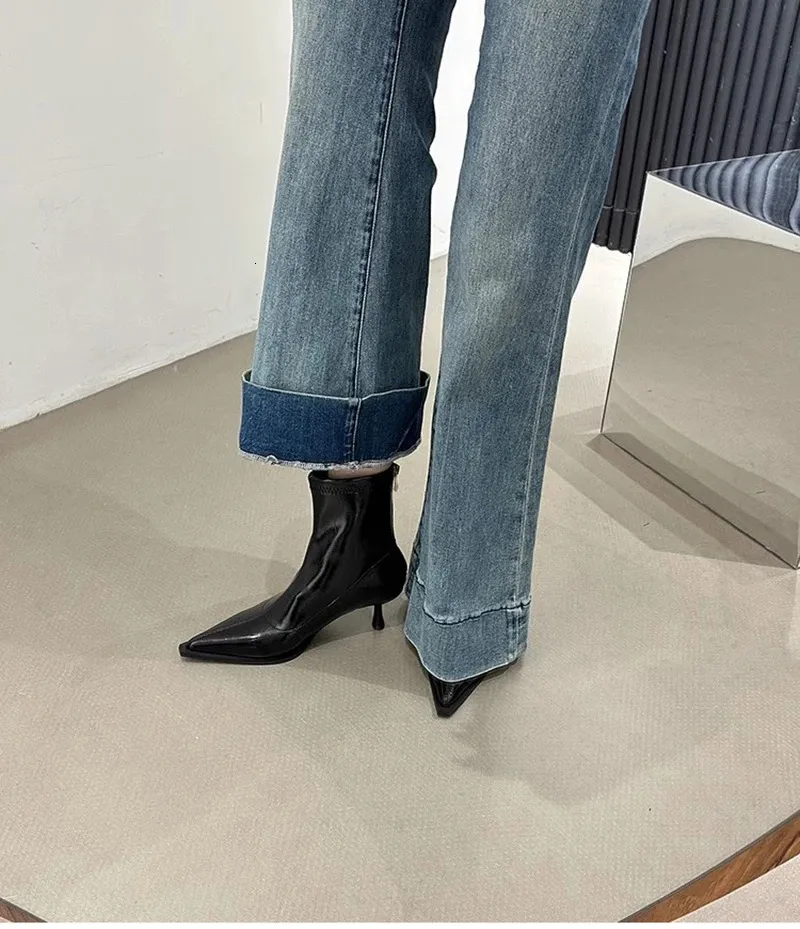 Pointed Toe Ankle Boots Women Wedge Heel PU Half Short Booties for ...